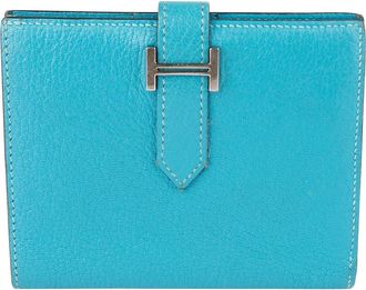 Herm&egrave;s Portemonnaie - Hermes Blue Leather Bearn Soufflet Compact Bifold - Gr. unisize - in Blau - f&uuml;r Damen