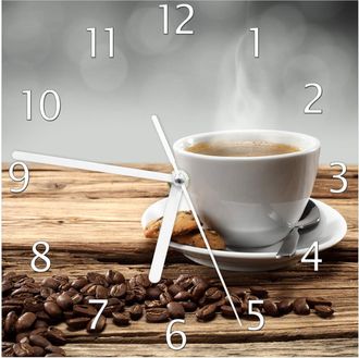 Wallario Design-Wanduhr Hei&szlig;e Tasse Kaffee mit Kaffeebohnen aus Glas, Motiv-Uhr Gr&ouml;&szlig;e 20 x 20 cm, wei&szlig;e Zeiger