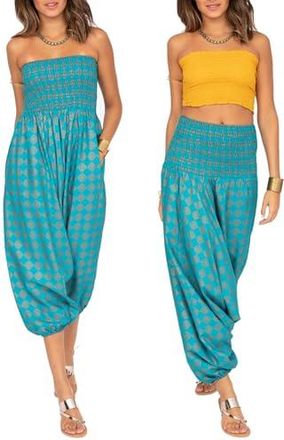 Likemary Combinaisons et pantalons sarouel pour femme - Convertible 2 en 1 - Combinaisons sarouel pour femme - Sarouel - Imprimé Turquoise & Doré Plus