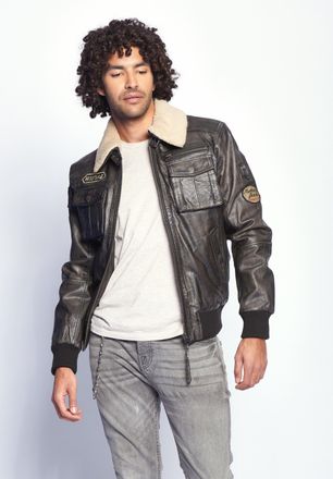 Mustang Lederjacke MUSTANG Karlstad, Herren, Gr. 5XL, braun (schwarz braun), Obermaterial: 100% Leder, Rind / Pelzimitat: 100% Polyester / Futter: 100% Polyes