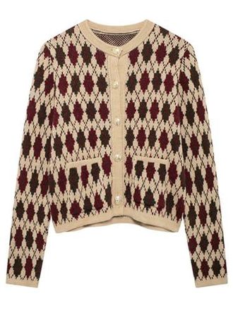 Generic Cardigan vintage &agrave; col rond pour femme, coupe d&eacute;contract&eacute;e, imprim&eacute; losange, manches longues, manteau en tricot boutonn&eacute; avec poches, marron, taille L