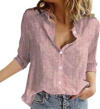 Generic Chemisiers en coton et lin pour femme - Manches 3/4 - Col en V - Chemisier basique pour le travail de bureau, rose vif, 5XL