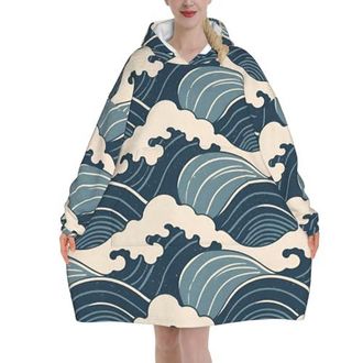 Generic Couverture &agrave; capuche surdimensionn&eacute;e en flanelle douce avec motif vagues de loc&eacute;an et poche, parfaite pour offrir en saison froide