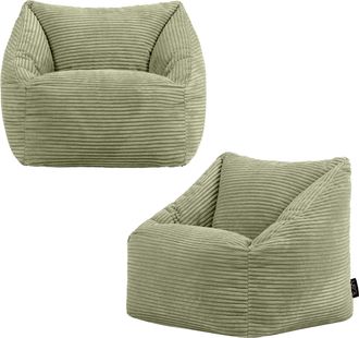 Icon Brand Natalia Sitzsack Kinder, Salbeigrün, 2er Pack, Flauschiger Cord Stoff, Sitzsack Cord mit Füllung, Bequemer Kinder Sessel, Kuschelsessel, Lese Sessel, 