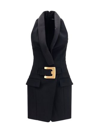 Balmain Womens Dress Grain De Poudre Belted Black Black-Black Merino Wool Black/black