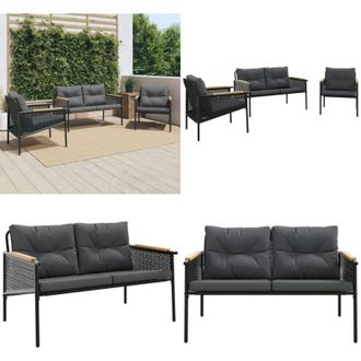 vidaXL 3-tlg. Balkonm&ouml;bel-Set mit Kissen Schwarz Stahl - Vidaxl