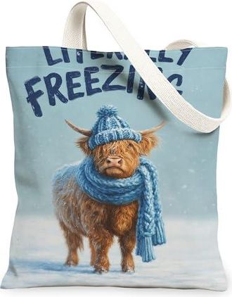 Generic Sacs fourre-tout en toile avec motif animal dhiver, motif vache des Highlands, l&eacute;gers, lavables et r&eacute;utilisables pour lext&eacute;rieur, les voyages, la plag