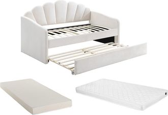 Vente-Unique Lit gigogne Coquillage 2 x 90 x 190 cm - Velours - Blanc + Matelas - ELUSIA