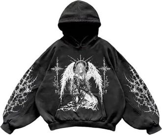 Generic Pull &agrave; capuche &agrave; col rond pour homme, style universitaire, gothique, manches longues, ample, surdimensionn&eacute;, r&eacute;tro, couple, Halloween, tendance, confo