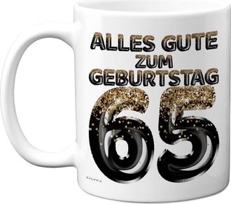 Stuff4 65. Geburtstagsgeschenke - Schwarz Gold Glitzerballons Tasse - Geburtstag Tasse für Männer und Frauen, 325 ml Premium-Keramiktasse, Spülmaschinenfest