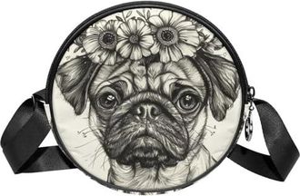 Generic Sac &agrave; bandouli&egrave;re rond pour femme, carlin, fleurs, petit sac &agrave; bandouli&egrave;re avec fermeture &eacute;clair, bretelles r&eacute;glables, sac &agrave; main rond d&eacute;contract&eacute; pou