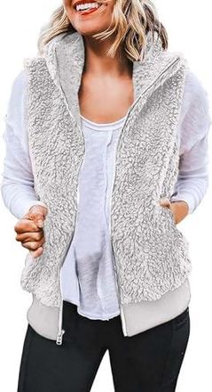 Generic FNKDOR Manteau Femme Couleur Unie sans Manche Veste Polaire Teddy Zipp&eacute; Col Montant Sweats &agrave; Capuche Automne Hiver Chaud Fermeture &Eacute;clair Gilet Cardig