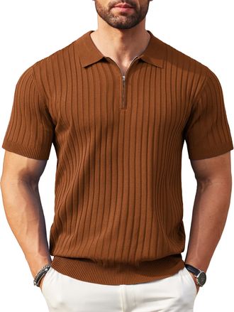 Coofandy Herren-Poloshirt mit Reißverschluss, kurzärmelig, gerippt, modisch, lässig, Golf-Shirts., Braun, XX-Large