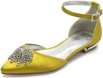 Generic Chaussures De Mariage Plates A Bout Pointu Femme Satin Mariée Plates Chaussures pour Demoiselle dhonneur, Fête, Date De Voyage2cm,Jaune,36 EU