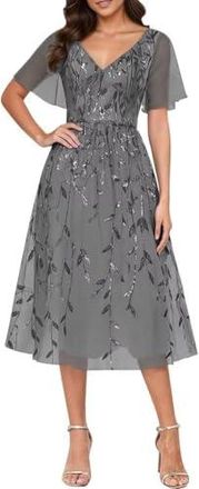 Generic Robe de soir&eacute;e formelle en tulle &agrave; paillettes pour femme Longueur th&eacute; M&egrave;re de la mari&eacute;e, gris, 46 Grande taille