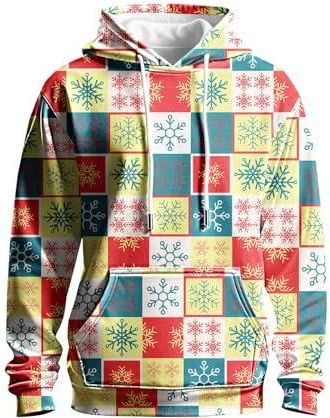 Generic Sweat à capuche de Noël amusant pour homme - Grande taille - Tenue de Noël à manches longues - Pull en patchwork à carreaux - Costumes de Noël tendanc