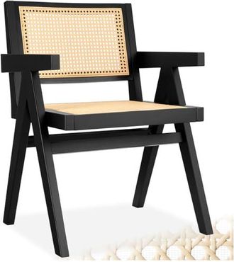 TecTake Chaise de Salle &agrave; Manger Design Noir en Bois Massif & Cannage Chaise de Table &agrave; Manger avec Accoudoirs Confortable pour Coiffeuse, Chambre, Cuisine, B