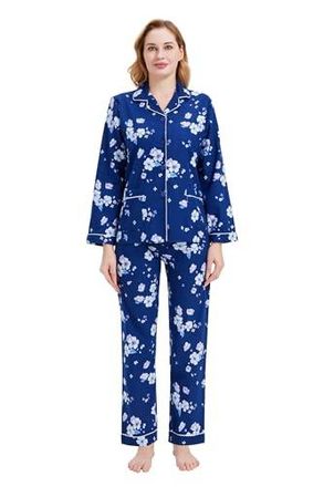 Global Femme Pyjama Flanelle Manches Long Ensembles de Pyjama Coton Chemises de Nuit Bouton Chaleureux V&ecirc;tements de Nuit Confortable Blau XXL