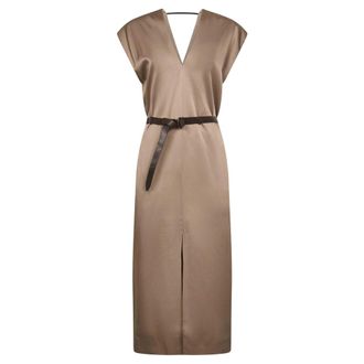 Brunello Cucinelli Taube Graue V-Ausschnitt Kleid mit Monili Riemen Detail - - Dresses - Damen - Braun - M