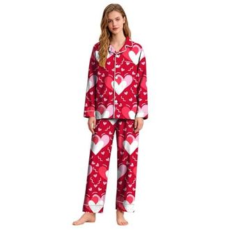 Generic Ensemble de pyjama 2 pi&egrave;ces en satin de soie imprim&eacute; coeur pour femme, v&ecirc;tements de nuit &agrave; manches longues, col &agrave; revers, chemise boutonn&eacute;e avec panta