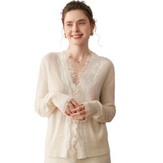Generic NYSBH - Cardigan en cachemire pur pour femme - Automne/hiver - Pull tricot&eacute; en dentelle unie - Col en V - Pull chaud &agrave; simple boutonnage, beige, M
