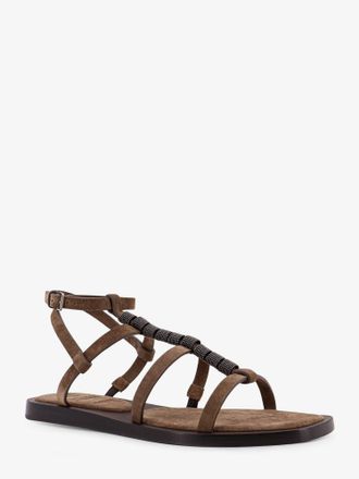 Brunello Cucinelli Womens Suede Sandals With Monili Details Brown Leather