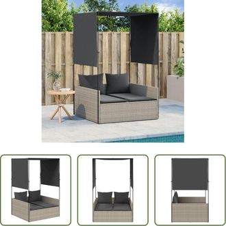 vidaXL vidaXL Chaise longue avec toit - Chaise longue double avec toit et rideaux gris clair poly rotin