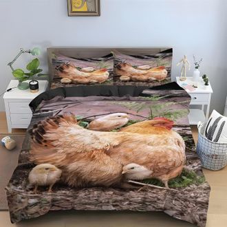 Generic Huhn Bettw&auml;sche 140x200 Tiere Bettw&auml;sche Set, 3D Bettbezug Set Weich Microfaser Bettbez&uuml;ge 3 Teilig K&uuml;ken Wendebettw&auml;sche f&uuml;r Kinder Erwachsene mit 2 