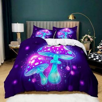 Generic Housse de Couette Champignons Psych&eacute;d&eacute;liques Dessin Anim&eacute; 180 x 200 cm, Parure de Lit Couleur N&eacute;on 2 Personnes - House de Couette Microfibre avec Ferm