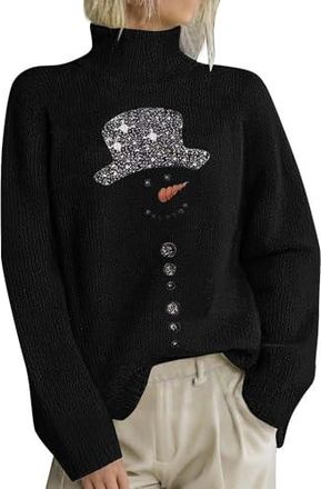 Generic Chandail &agrave; col montant pour femme, haut ample basique pour femme, d&eacute;contract&eacute; &agrave; col haut, coutures de No&euml;l, chandail en tricot imprim&eacute; pour int&eacute;rieur 