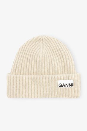 Ganni Oversized Woll-Rippstrickmütze beige