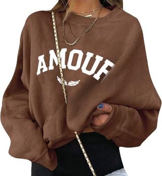 ORANDESIGNE Sweatshirts Femme Y2K Lettre Imprim&eacute; Original Sweat-Shirt Manche Longue Col Rond L&acirc;che Vintage D&eacute;contract&eacute; Pulls Tops Blouse Streetwear A Marron Fonc&eacute;