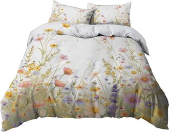 Generic Bettw&auml;sche 135x200 cm, Bunt Deckenbezug 3 Teilig Microfaser Bettbezug Set Pflanze Blume Aquarell Blume Feld Muster Extrem Haltbar bettw&auml;sche + 2 Kisse