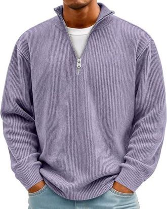 Generic Chemise à col montant côtelée simple et décontractée pour homme, polo élégant en velours côtelé à fermeture éclair quart de longueur, chemises dhiver 