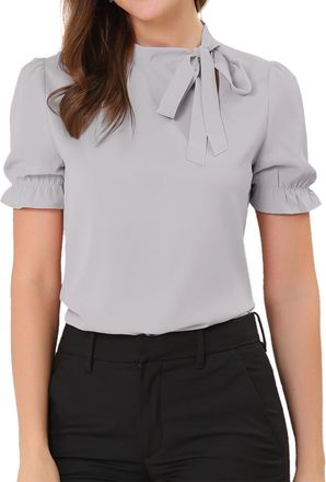 Allegra K Damen Sommer Elegant Bluse 50er Jahre mit Schleife Schluppenbluse Festliche Blusen Kurzarm Panel Fliege Hals R&uuml;schen Top Grau M