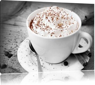 Pixxprint Kaffee mit Sahne und Schokostreuseln B&W, Größe: 60x40cm, Leinwandbild, fertig gespannt, Wandbild, Dekoration, Kunstdruck, kein Poster