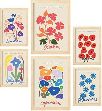 Nacnic Ensemble de 6 affiches florales. Collection de plaques avec collage esth&eacute;tique pour la d&eacute;coration dint&eacute;rieur. Tailles A3 et A4. Avec cadre en bois