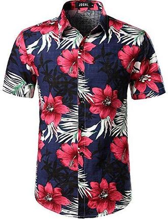 JOGAL Chemise hawaïenne décontractée à manches courtes pour homme Motif floral floral, Marine, L