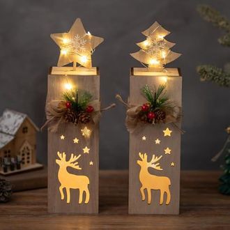 Nuptio D&eacute;corations de No&euml;l en Bois - 2 Pi&egrave;ces LED Colonne Renne Appui de Fen&ecirc;tre, Int&eacute;rieur Elan F&eacute;co D&eacute;part Et Arbre Cadeau (Piles Non Incluses)