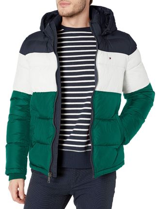 Tommy Hilfiger Herren Hooded Puffer Jacket Daunenalternativer Mantel, Grüner Farbblock, XXL