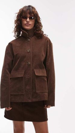 Topshop Kastige Jacke aus Wildlederimitat in Braun mit aufgesetzten Taschen