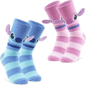 Disney Chaussettes Femme, Lot 2 Paires Chaussettes Antidérapantes Stitch et Angel (Rosa/Bleu Rayures)