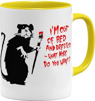 OM3 Out Of Bed Rat Banksy Tasse - Keramik Becher - 11oz 325ml - Beidseitig Bedruckt - Gelb