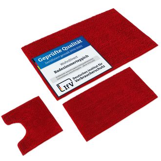 WohnDirect Badematten Set 3 teilig Rot - WC Vorleger (45x45cm), Badematte (50x80cm,70x120cm) - rutschfest waschbar Badezimmerteppich MIT WC-Ausschnitt