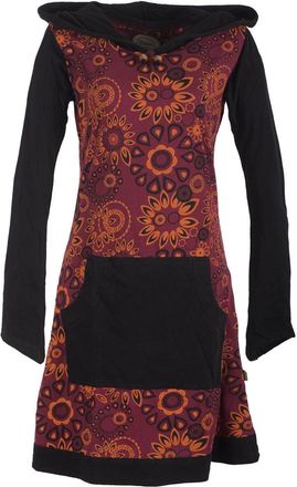 vishes Alternative Bekleidung - Kapuzenkleid aus Baumwolle mit K&auml;ngurutasche und Blumen dunkelrot 46