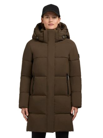 Khujo Damen Mantel lange warme Steppjacke mit abnehmbarer Kapuze und magnetischer Abdeckleiste Haya Matt-YM Old Green Gr. M