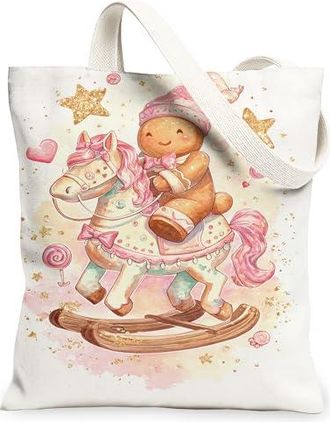 Generic Sacs fourre-tout fantaisistes en toile de pain d&eacute;pices, motif cheval mignon, sacs d&eacute;picerie, sacs d&eacute;picerie r&eacute;utilisables, vintage de vacances, bandou