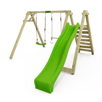 Fatmoose Kinderschaukel Schaukelgestell JollyJay mit apfelgr&uuml;ner Rutsche & Schaukel, Schaukelger&uuml;st mit Leiter, Doppelschaukel, Holzschaukel f&uuml;r Kinder Im Gart