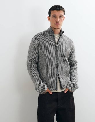 Weekday Strickjacke mit Rei&szlig;verschluss aus Wollmix in Wei&szlig; und Schwarz, zweifarbig gerippt