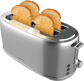 Cecotec Toaster 4 Scheiben Toast&Taste 1600 Retro Double Inox, 1630 W, 2 Breite und Lange Schlitze von 3,8 cm, Edelstahl, Obere Roste, Regulierbare Leistung, 